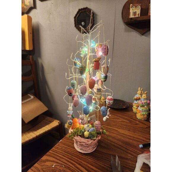 Holiday | Vintage Lighted Easter Tree With Miniature Wood Ornaments ...